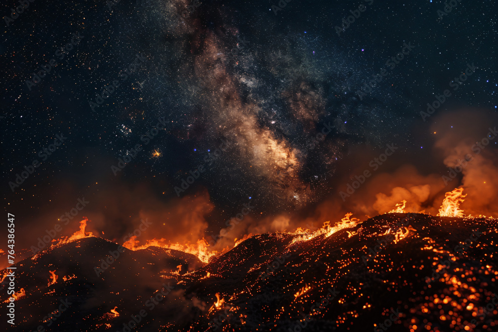 Starry sky with Milky Way, fire in the background, long exposure ...