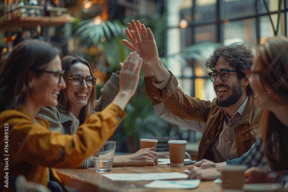 A startup team celebrating with high-fives and cheers after ...