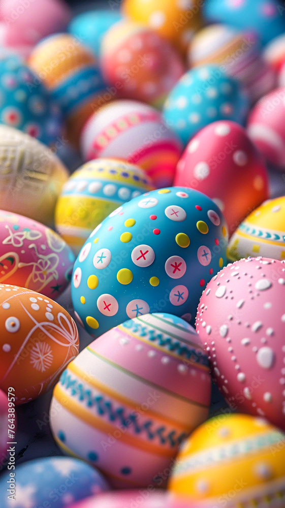 Vertical easter background image of colourful hand decorated eggs ...