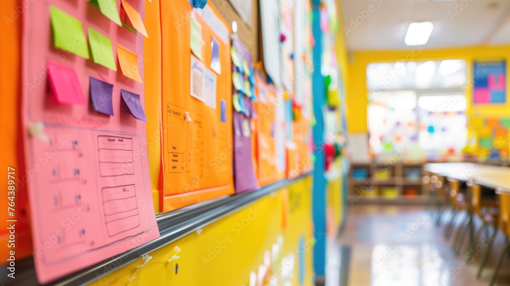 Colorful classroom bulletin board displaying various educational ...