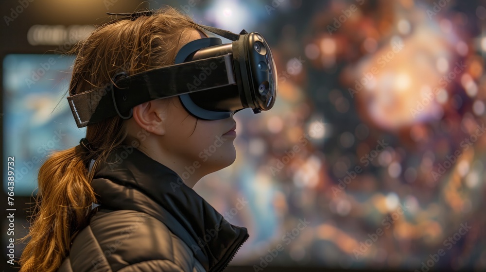 Child Exploring Cosmos with Virtual Reality Headset. Child wearing a VR ...
