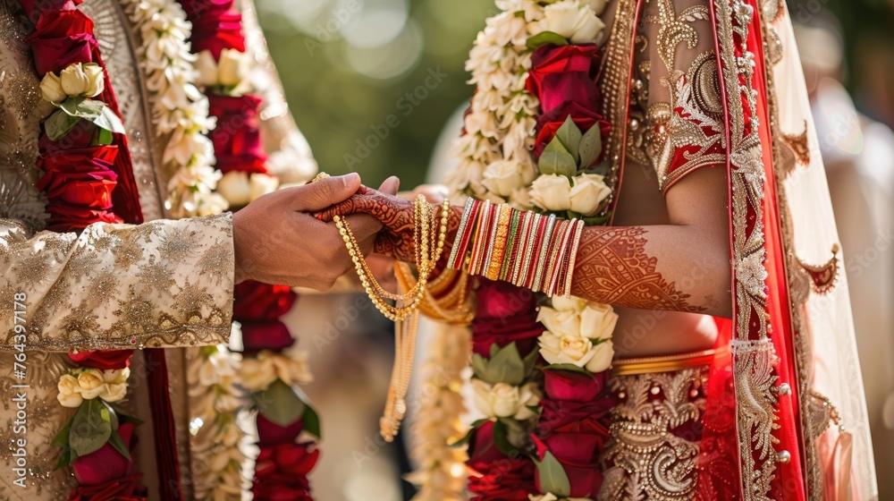 An Indian bride and groom in traditional wedding attire exchanging ...