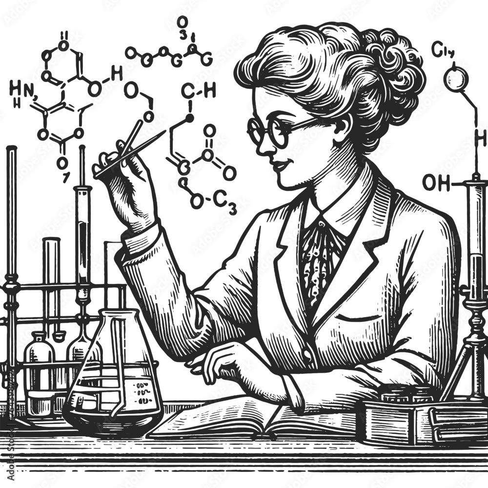 vintage female chemistry teacher scientist conducting chemical research ...