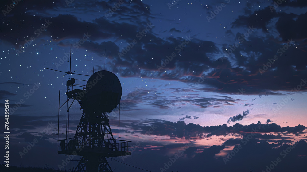 Against a dramatic night sky, an air defense radar stands tall ...
