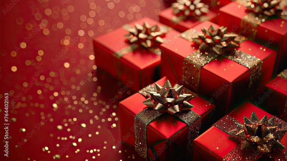 Golden Presents on Festive Red Background - 3D Render of Stacked Gift ...