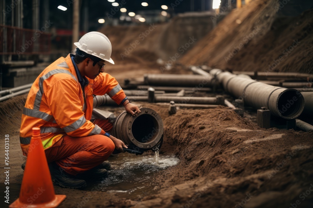Plumber engineer checking excavation concrete drainage pipes and ...