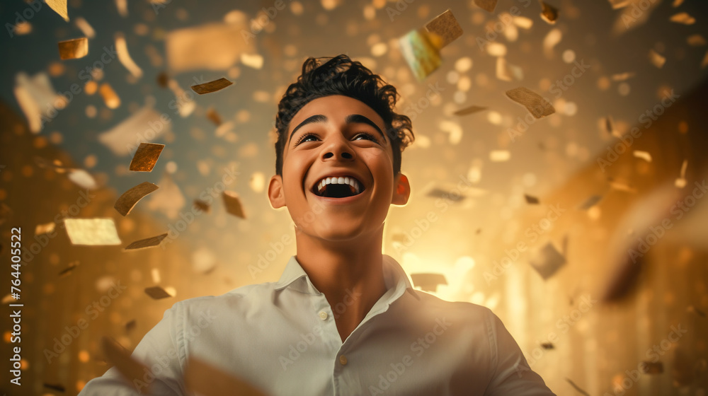 Lottery win celebration concept. Happy young Indian man celebrating ...