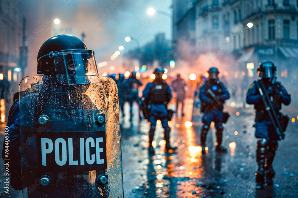 Police officer with riot shield and gas mask, civil disorder, unrest ...