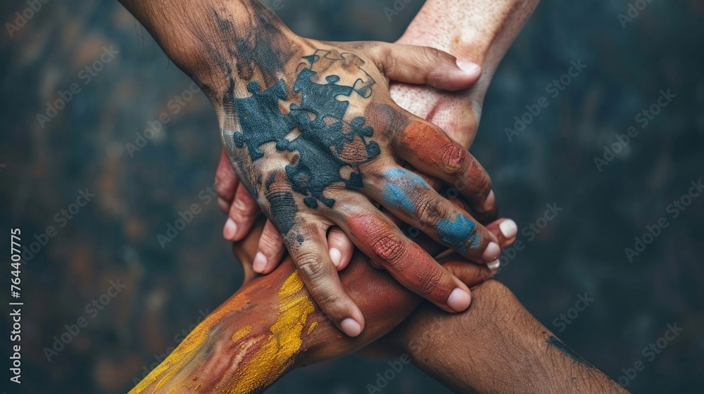 A closeup of intertwined hands of diverse skin tones, each hand marked ...