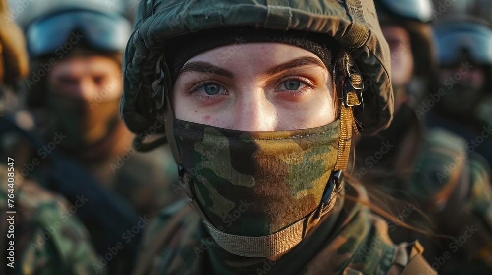Focused female soldier with camouflaged face wearing helmet and ...