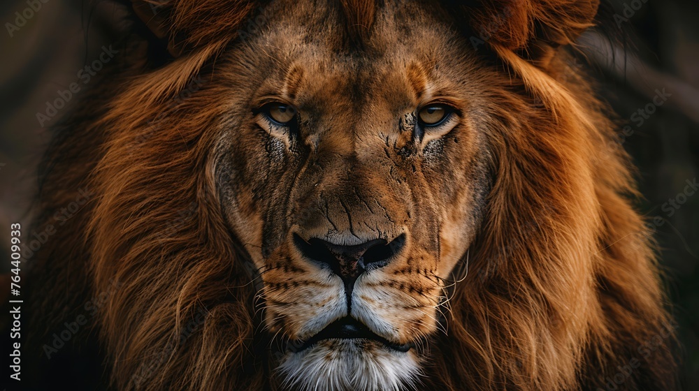 A powerful male lion with a golden-brown mane stares intensely at the ...