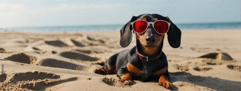 beautiful dog of dachshund, black and tan, buried in the sand at the ...