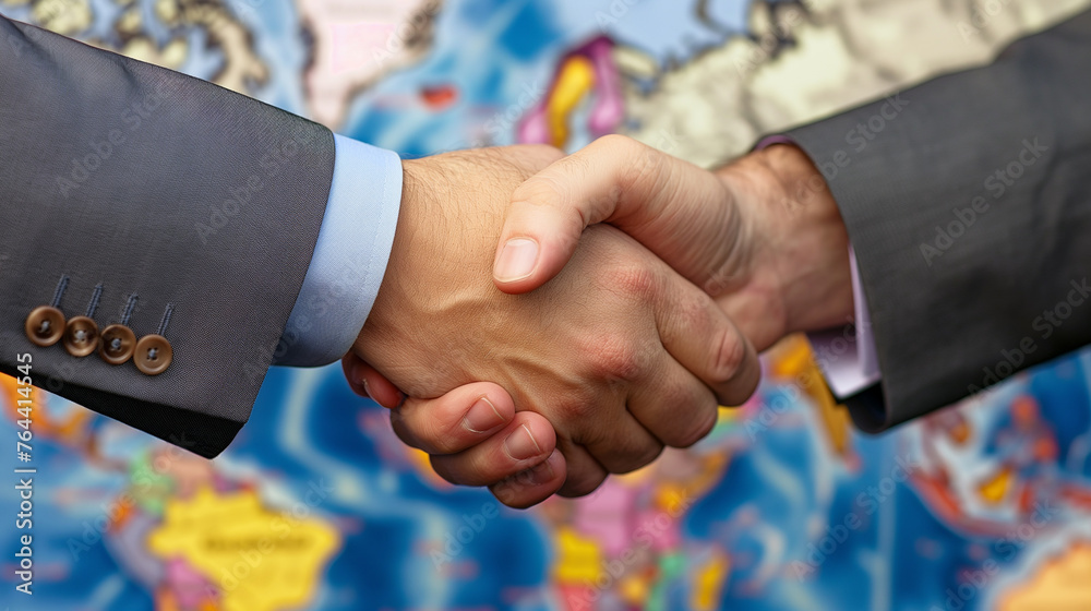 Two men shaking hands in front of a map of the world, trade cooperation ...