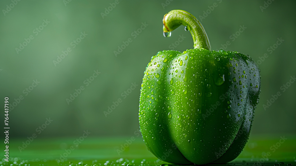 A ripe green pepper with dew and water droplets in the air. Fresh and ...