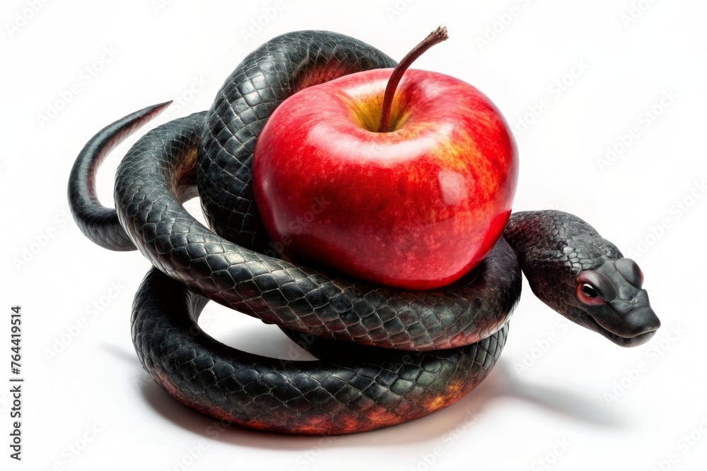 Coiled snake with a striking red apple - A realistic depiction of a snake wrapped around a ...
