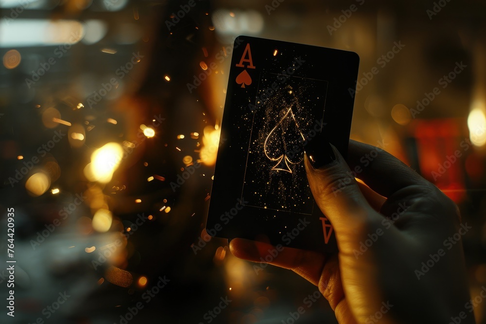 Hand holding glowing ace of spades card - Close-up shot of a hand ...