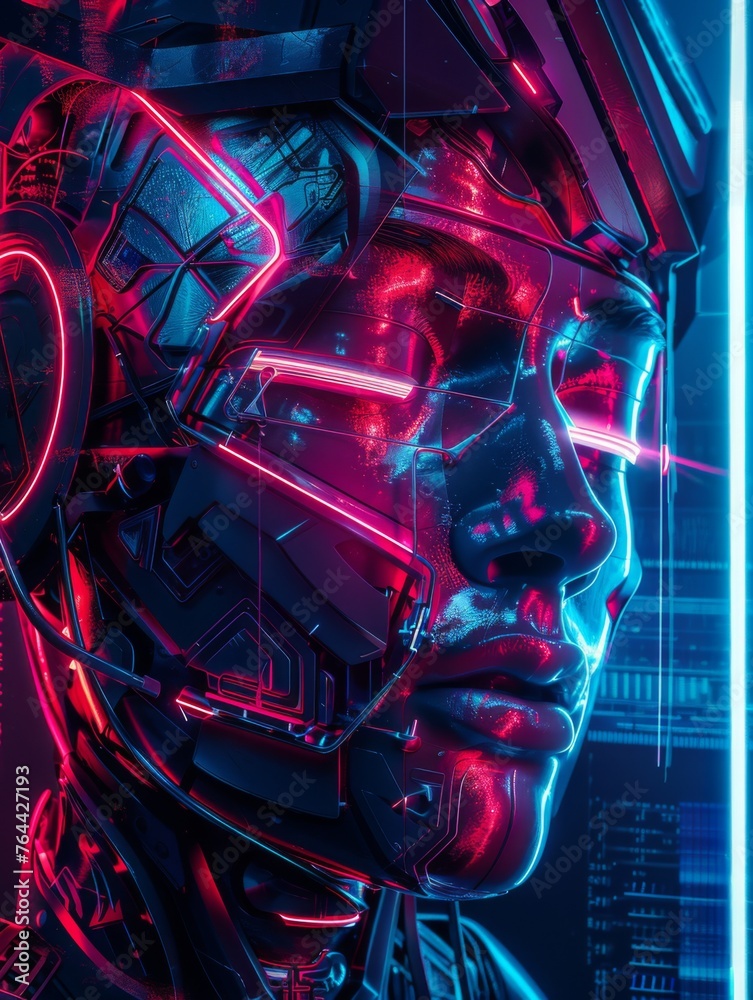 Cybernetic face structure with neon contour lines - A digitally ... Cybernetic face structure with neon contour lines - A digitally ...