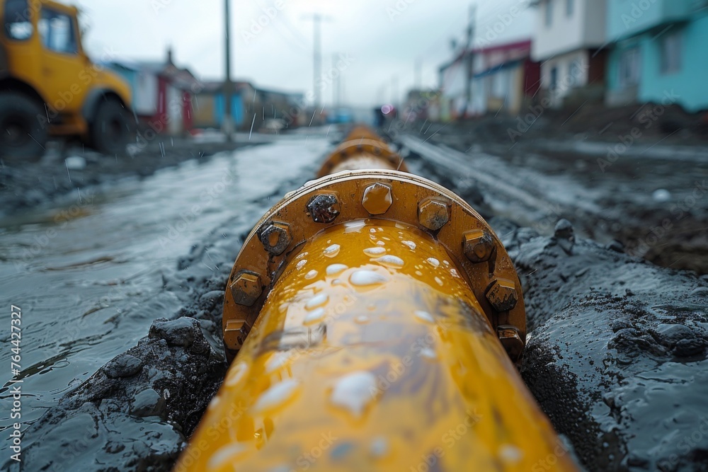Yellow pipeline on wet muddy ground - A close-up perspective of a ...