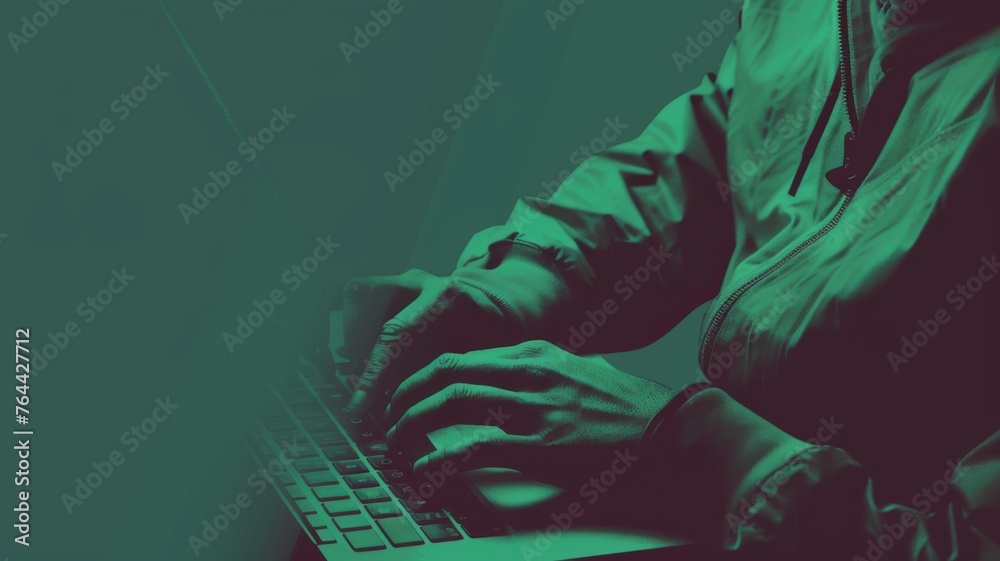 Mysterious hacker typing on a keyboard - A secretive figure typing on a laptop keyboard with a ...