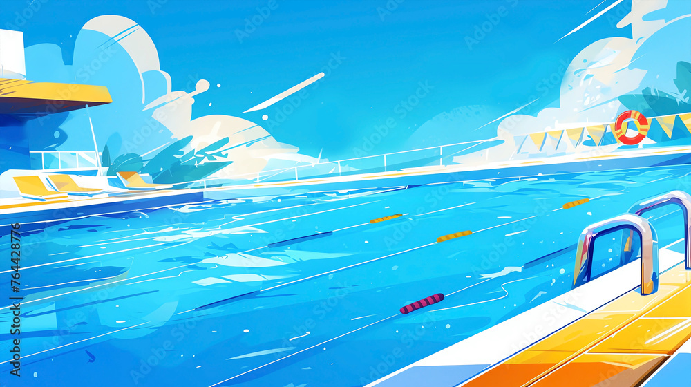 Hand drawn cartoon summer swimming pool scene illustration Stock ...