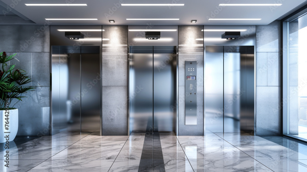 Metal elevator with closed, ajar and open lift doors in hallway ...