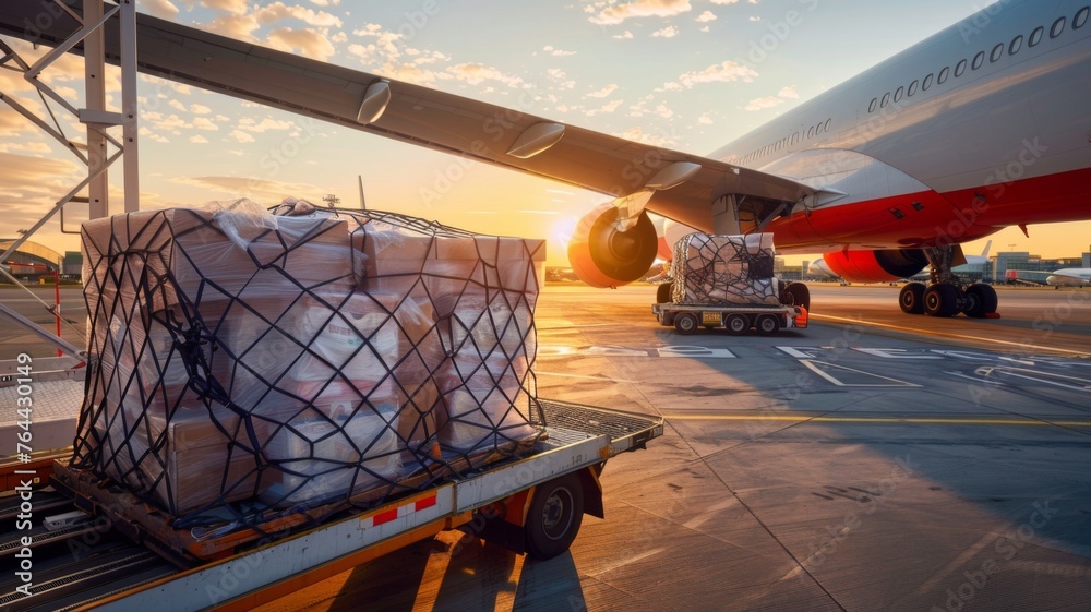 Cargo being loaded onto plane at sunrise - Pallets of goods being ...