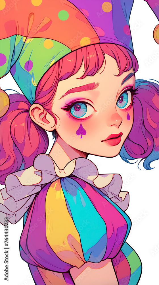 Hand drawn cartoon April fools day beautiful clown girl illustration ...
