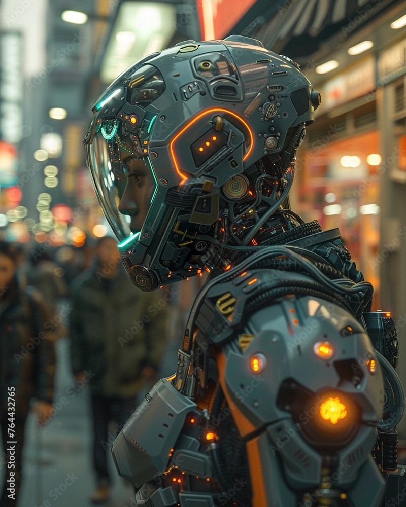 In a bustling metropolis, a cyborg street vendor with glowing ...