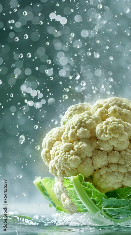 A vibrant cauliflower glistening with moisture with dew and water ...