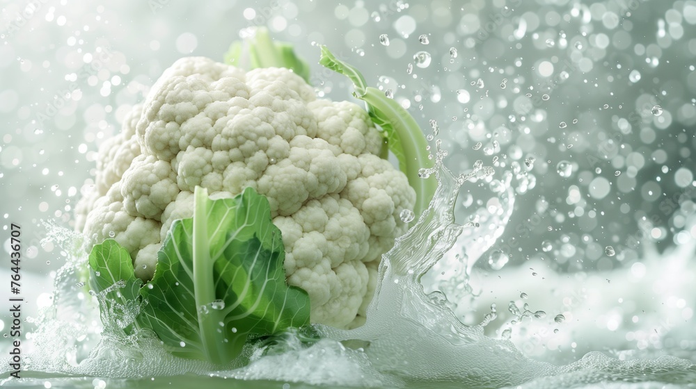 A vibrant cauliflower glistening with moisture with dew and water ...