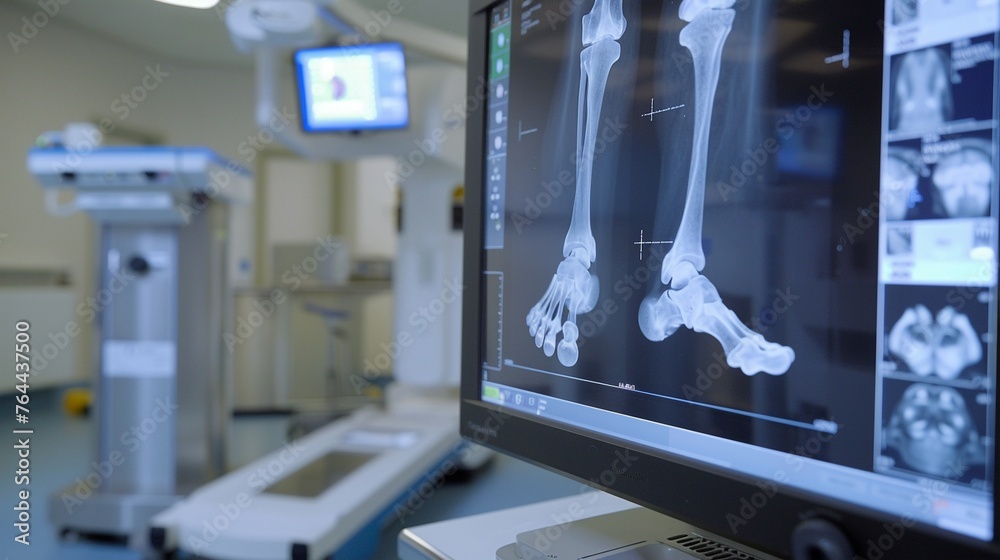 A close-up view inside a radiology room with a focus on the monitor ...