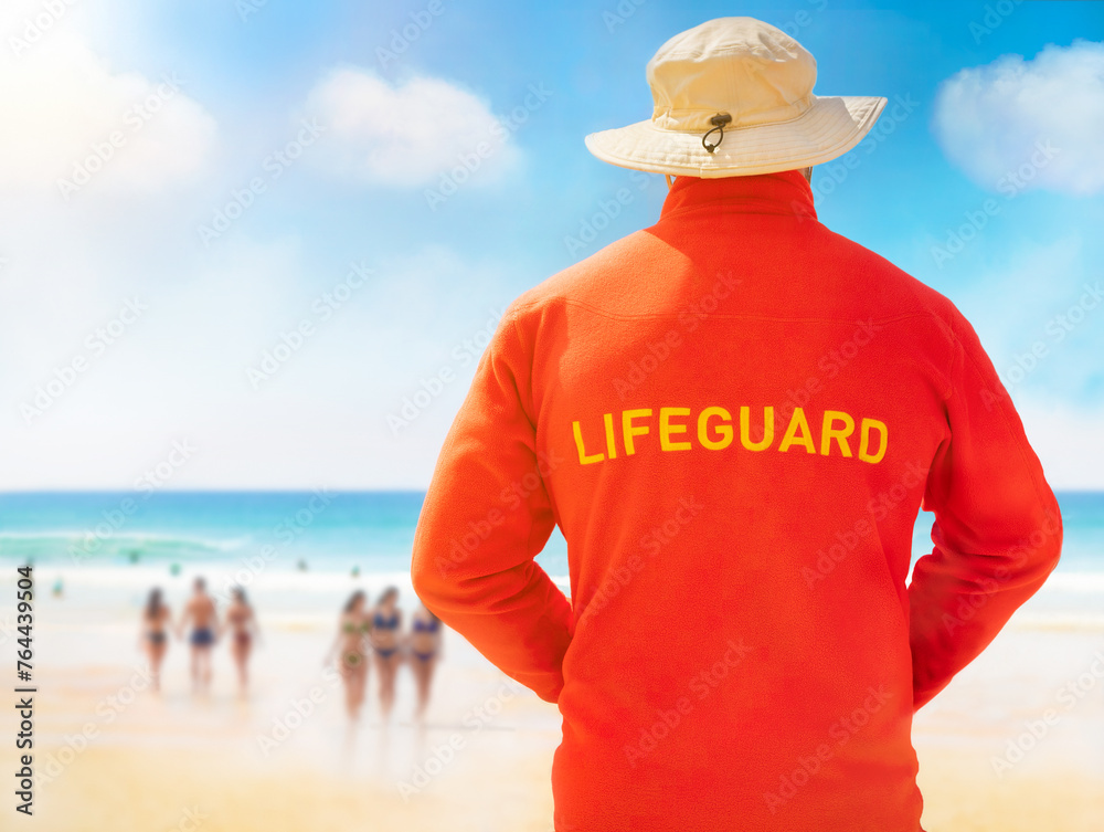 Coastal scene of lifeguard who is a professional rescuer supervising ...