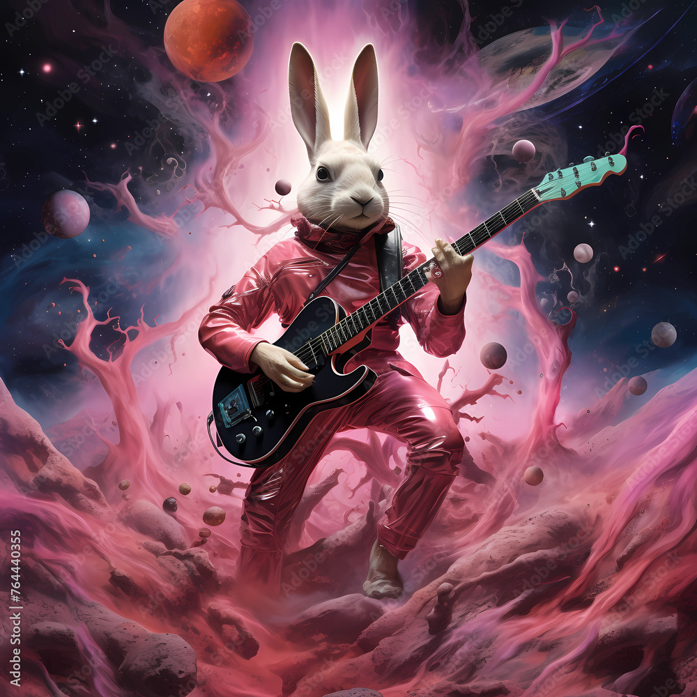 pink bunny, alien, full body, standing on 2 lege, playing black ...
