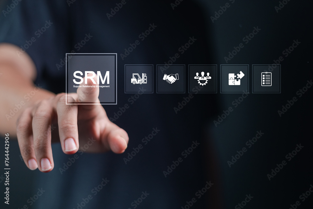 SRM, Supplier Relationship Management concept. Person touching SRM icon ...