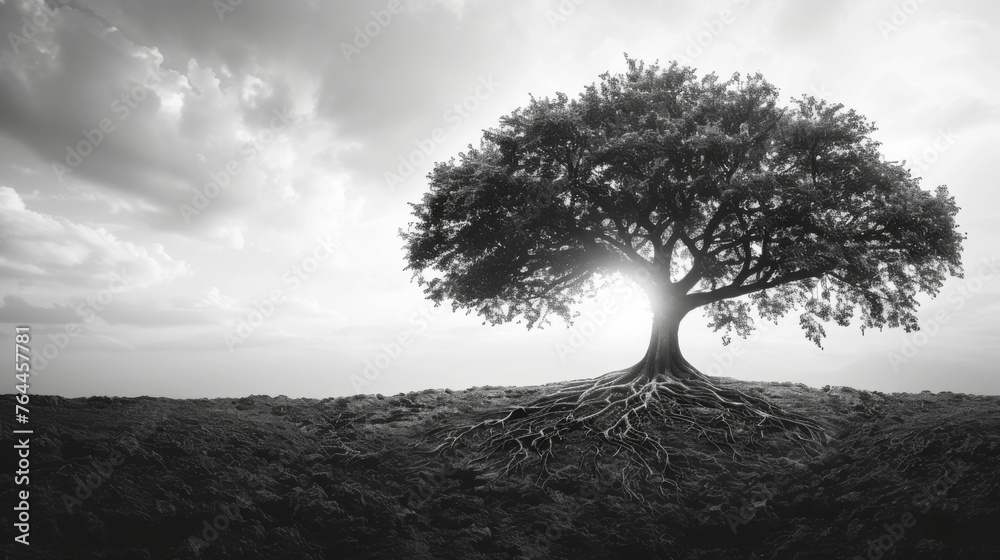 A tree with roots extending deep into the ground and branches reaching ...