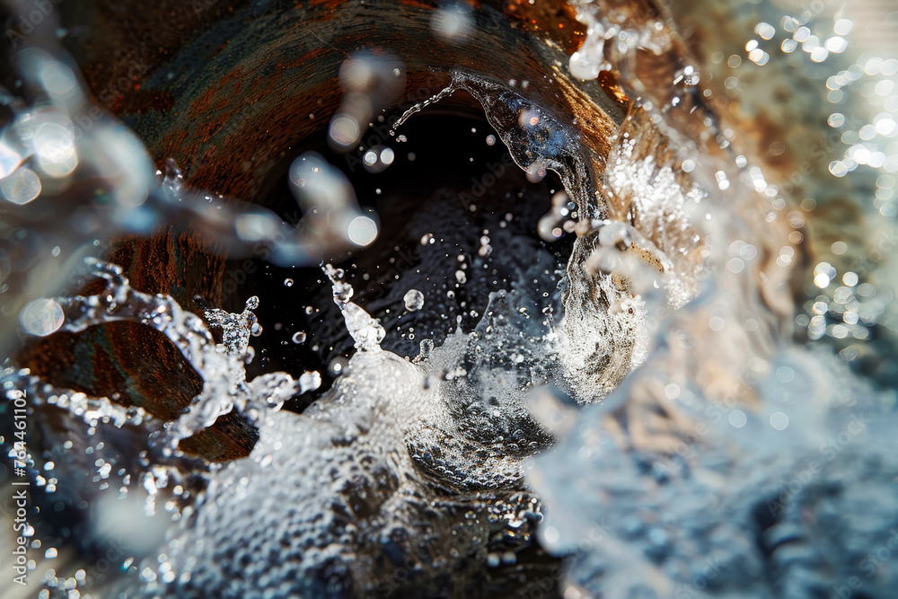 An abstract image of a water leak in a pipe, with water spraying out in ...