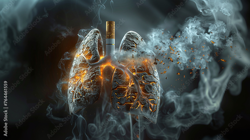 3D illustration of burnt lungs lighted up with cigarettes, smoking as ...