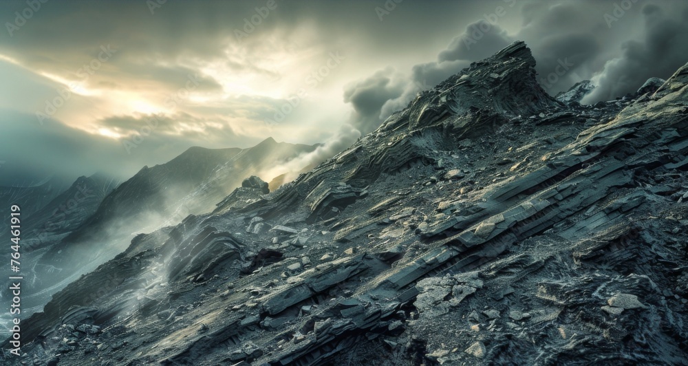 Against the backdrop of a tumultuous sky the mountainside has been ...