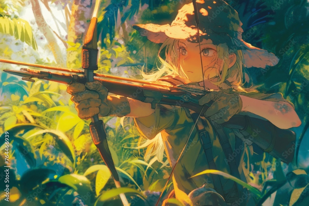 An anime girl is hunting in the forest with a bow and arrow and a rifle ...