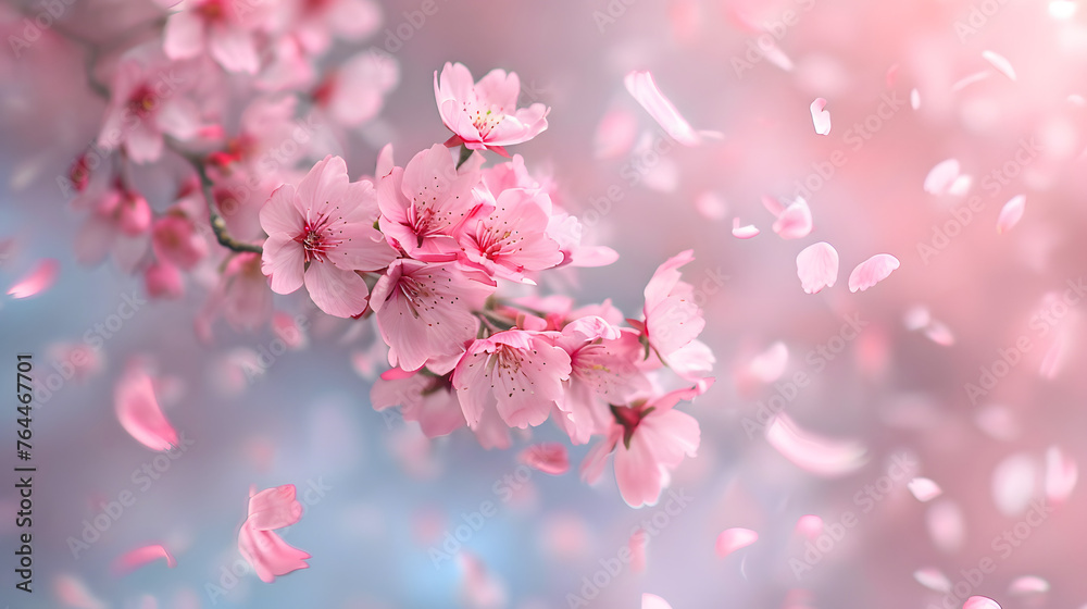 Ephemeral cherry blossom petals in gentle spring breezes, capturing a ...