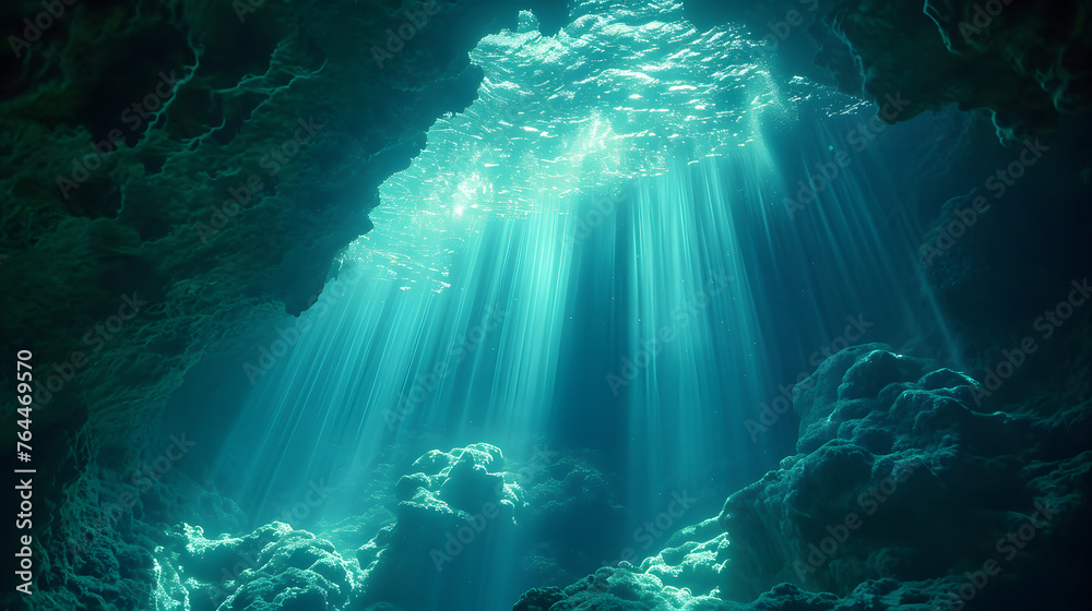 Surreal underwater cave scenes, capturing the interplay of dappled ...