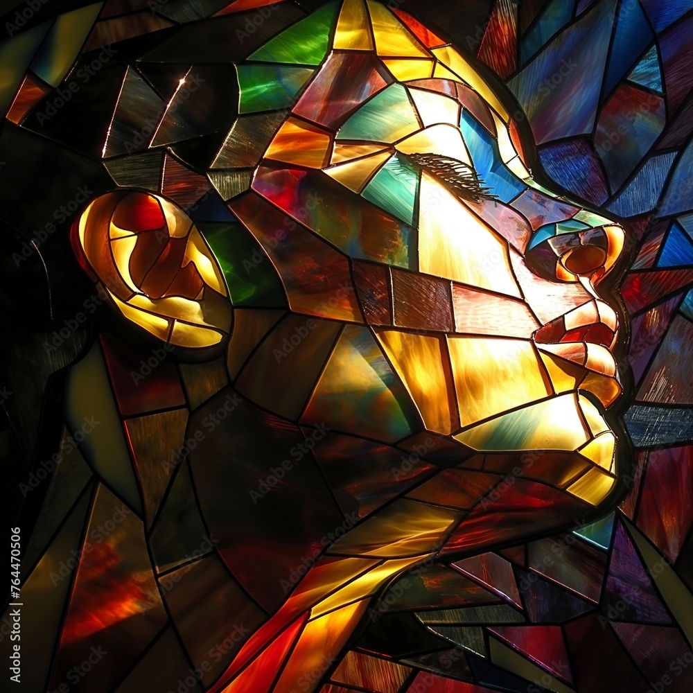 Elements of female face colored and arranged into stained glass pattern ...