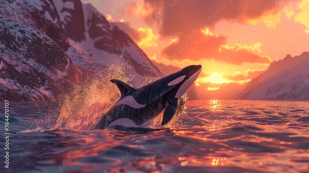Killer whale aka Orca jumping from the water at sunset. Ai generated ...