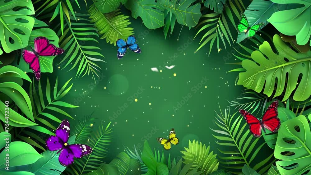 green summer background with tropical papercut leaves. seamless looping ...