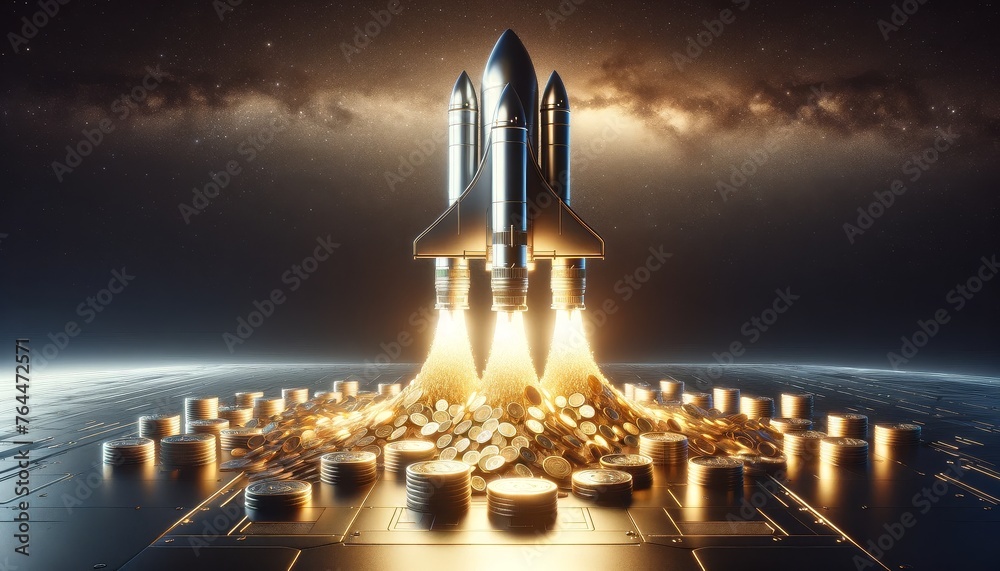 3D model of a rocket ship, its thrusters powered by gold coins ...