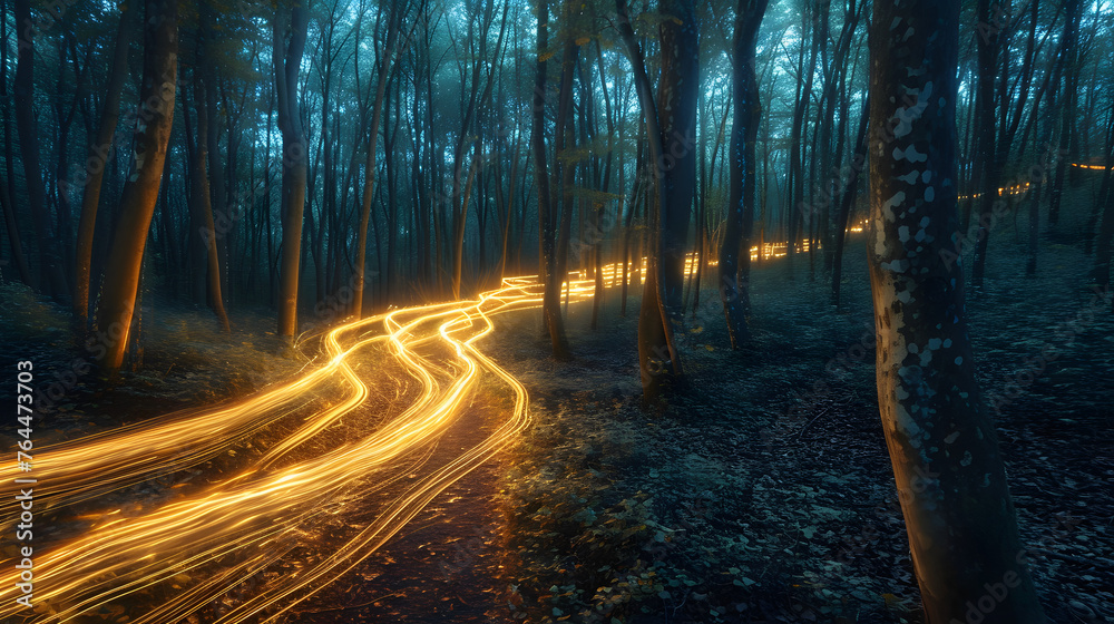 Light trails through forest canopies, creating abstract and mesmerizing ...