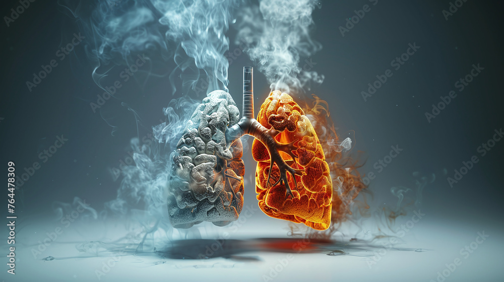 illustration of lighted up and ashes burnt lungs with smoke around ...