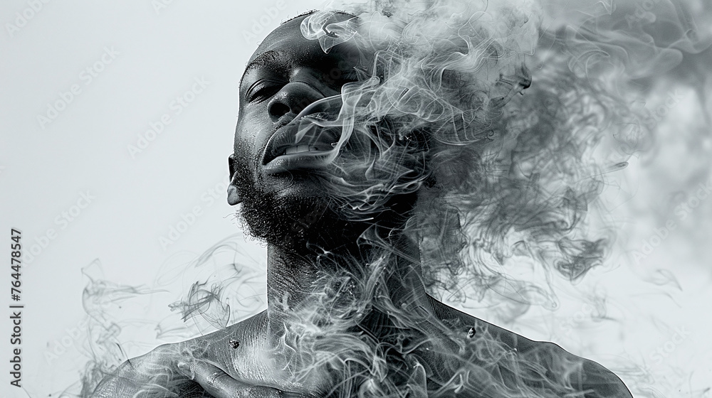 abstract illustration of sad depressed man blend with smoke, concept of ...