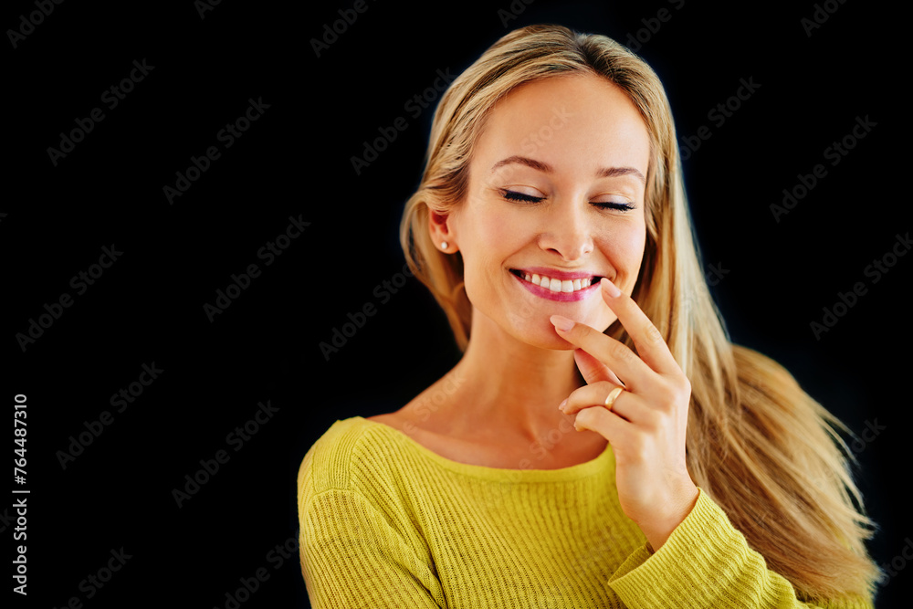 Happy, creative and woman with idea, thinking and plan for story of ...