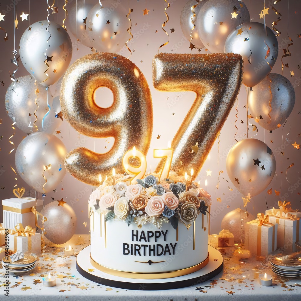 Vector Illustration of a Number 97th Birthday Balloon Celebration Cake ...